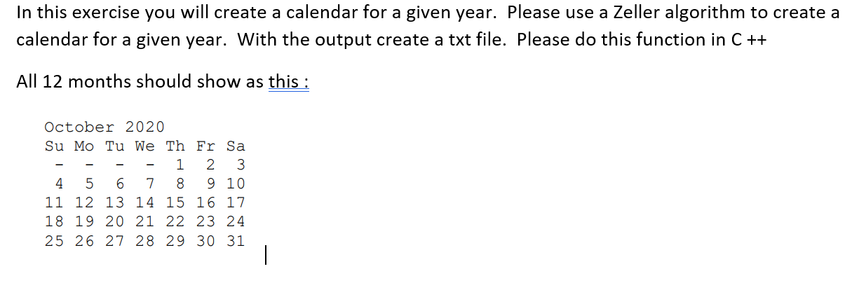 Solved In this exercise you will create a calendar for a | Chegg.com