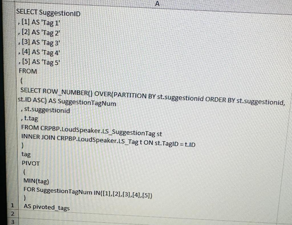 Solved SELECT SuggestionID , [1] AS 'Tag 1' , [2] AS'Tag 2' | Chegg.com