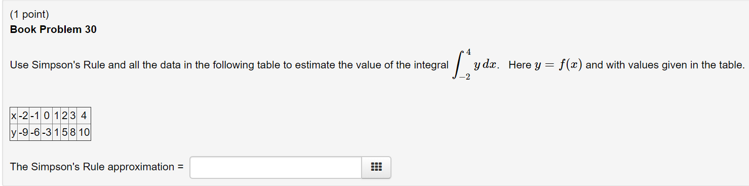 Solved (1 point) Book Problem 30 Use Simpson's Rule and all | Chegg.com