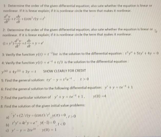 Solved 1. Determine the order of the given differential | Chegg.com