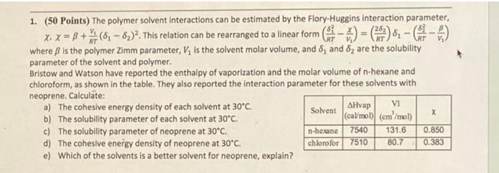 Solved 1. (50 Points) The polymer solvent Interactions can | Chegg.com