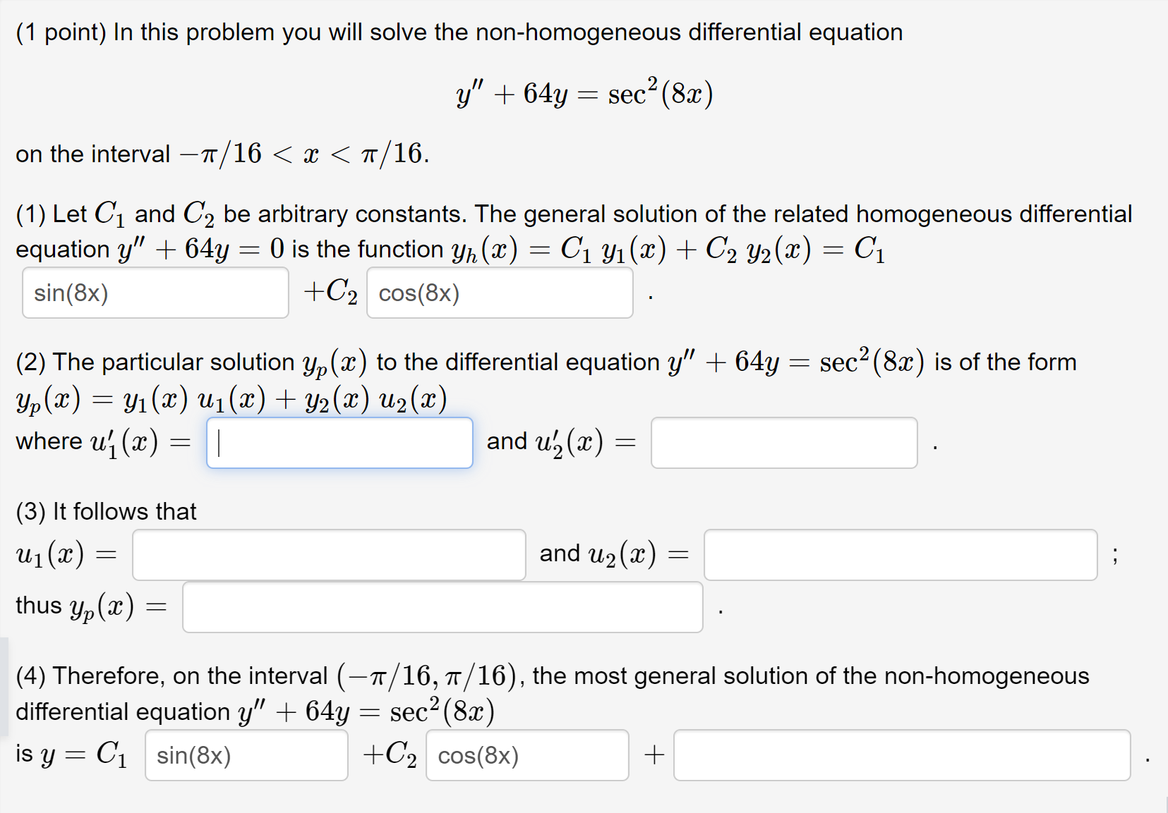 Solved (1 point) In this problem you will solve the | Chegg.com