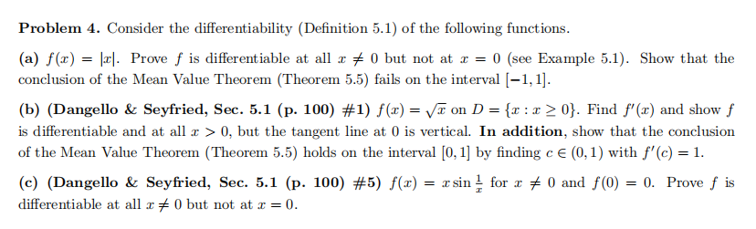 Solved Problem 4. Consider the differentiability (Definition | Chegg.com