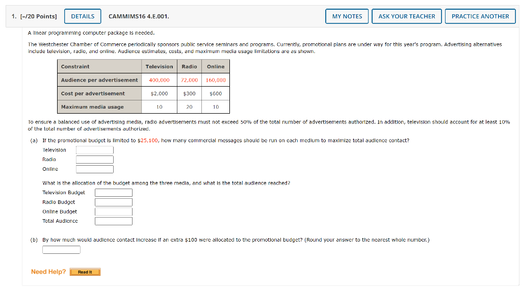 Solved /20 Points] CAMMIMS16 4.E.001. A Inear programming | Chegg.com