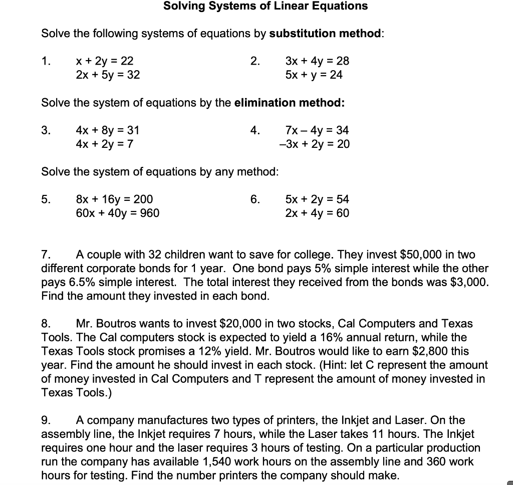 Solved Solving Systems of Linear Equations Solve the | Chegg.com