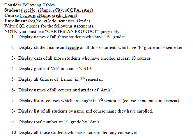 Solved Consider Following Tables. Student (regNo sNamesCity, | Chegg.com