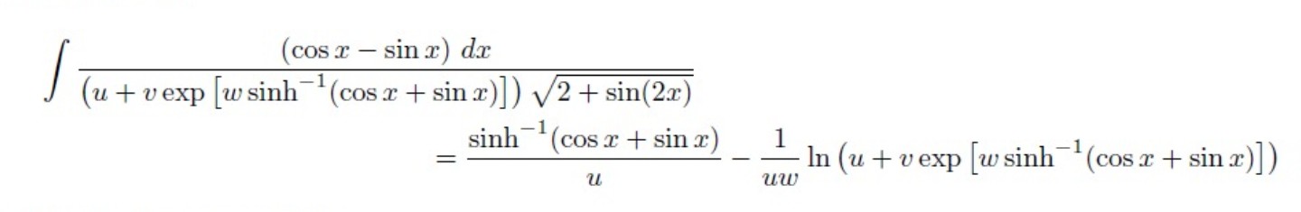 Solved ∫(u+vexp[wsinh−1(cosx+sinx)])2+sin(2x)(cosx−sinx)dx=u | Chegg.com