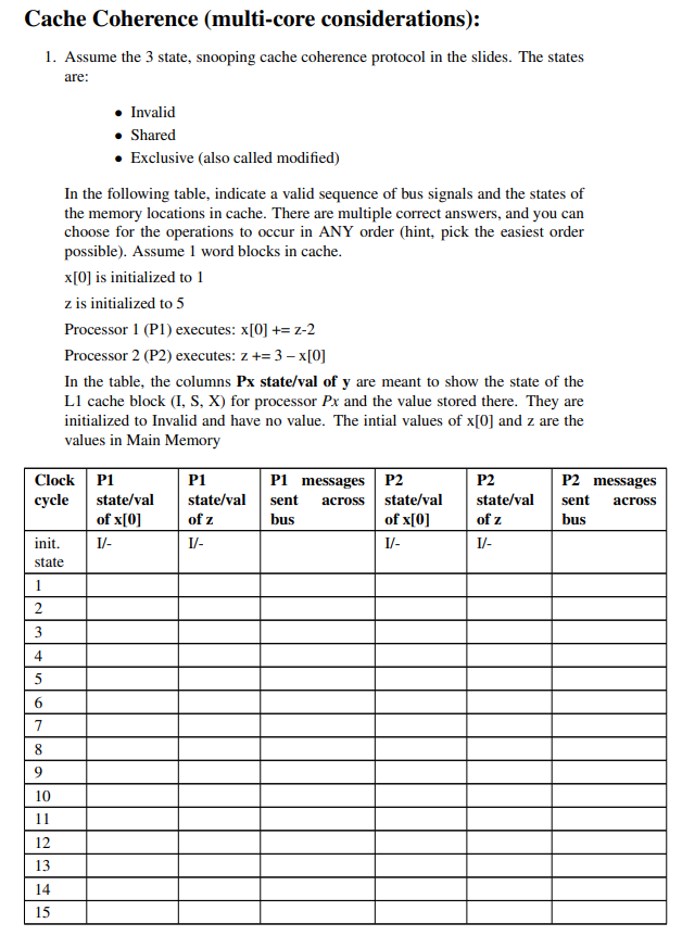 Cache Coherence (multi-core considerations): 1. | Chegg.com