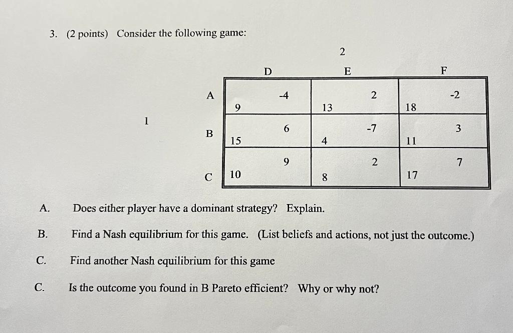 3. (2 points) Consider the following game: ? 1 A. | Chegg.com