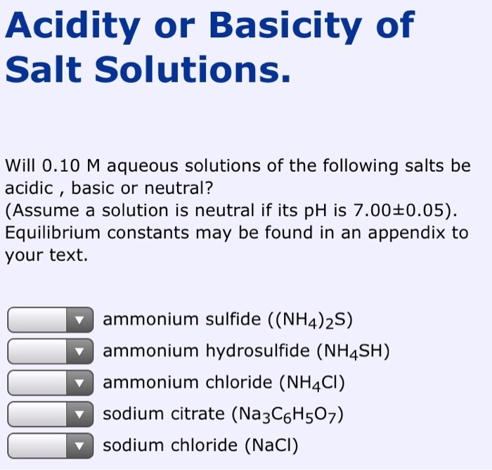 Solved Acidity or Basicity of Salt Solutions. | Chegg.com