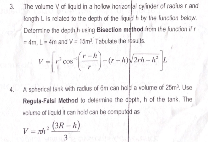 Solved 3. The volume V of liquid in a hollow horizontal | Chegg.com