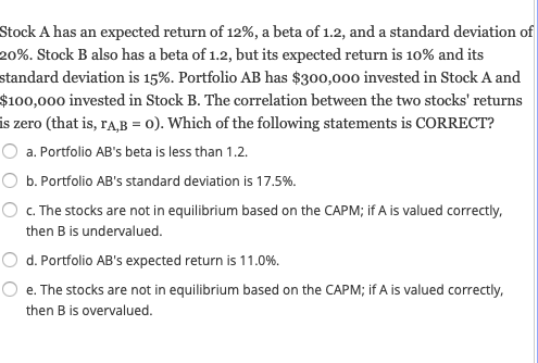 Solved Stock A has an expected return of 12%, a beta of 1.2, | Chegg.com
