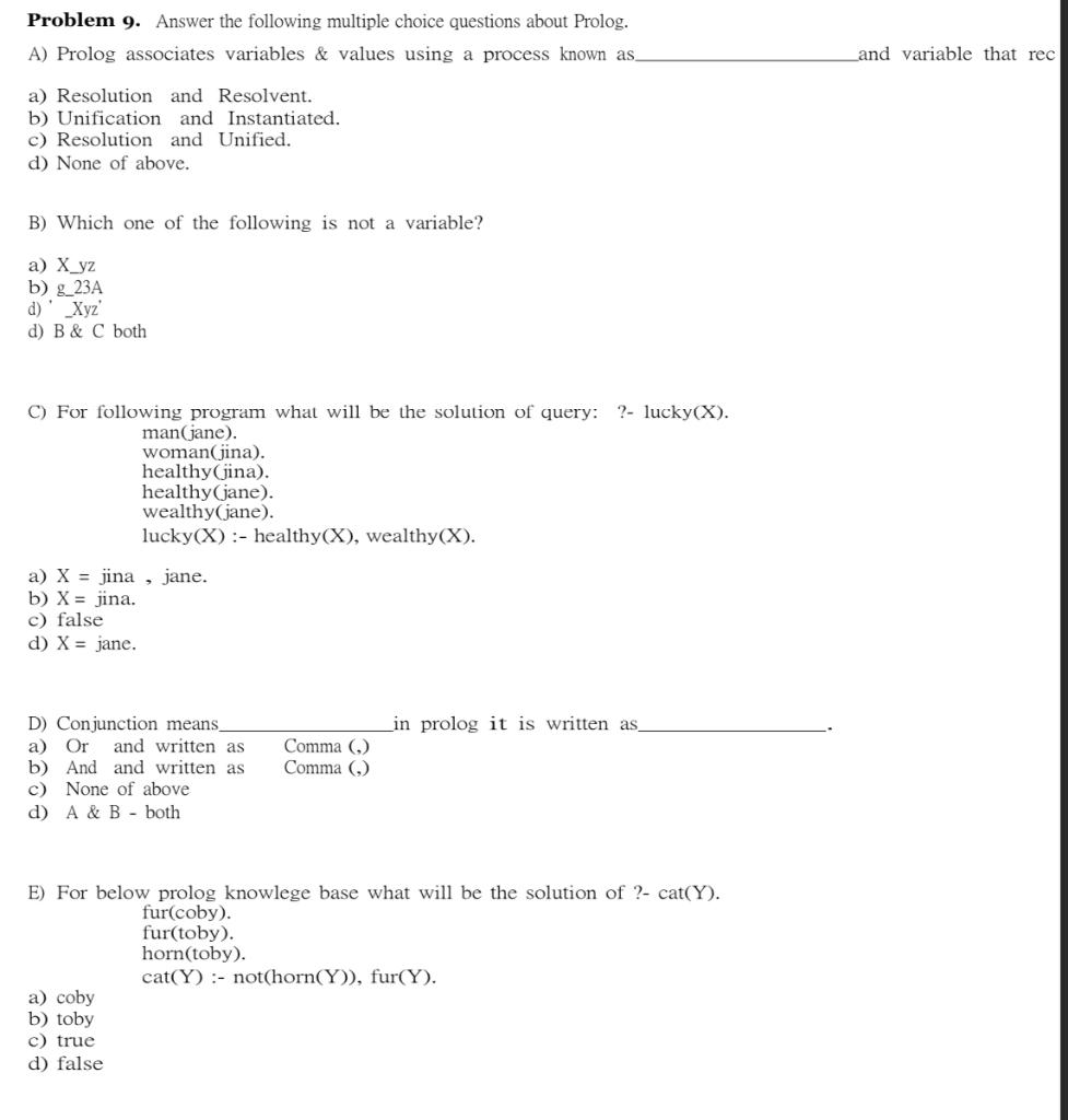 Solved Problem 9. Answer the following multiple choice | Chegg.com
