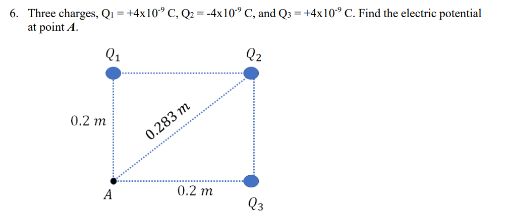Solved 6. Three charges, Q1=+4×10−9C,Q2=−4×10−9C, and | Chegg.com