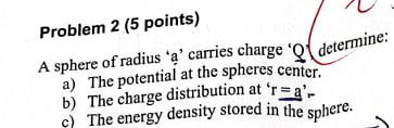 Solved Problem 2 (5 points) A sphere of radius ' a ' carries | Chegg.com