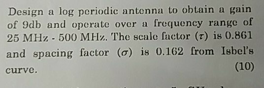 Solved Design a log periodic antenna to obtain a gain of 9db | Chegg.com