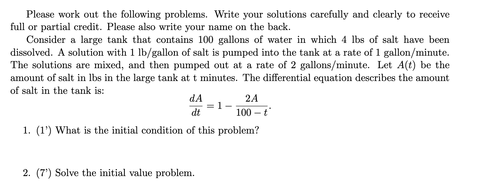 Solved Please work out the following problems. Write your | Chegg.com