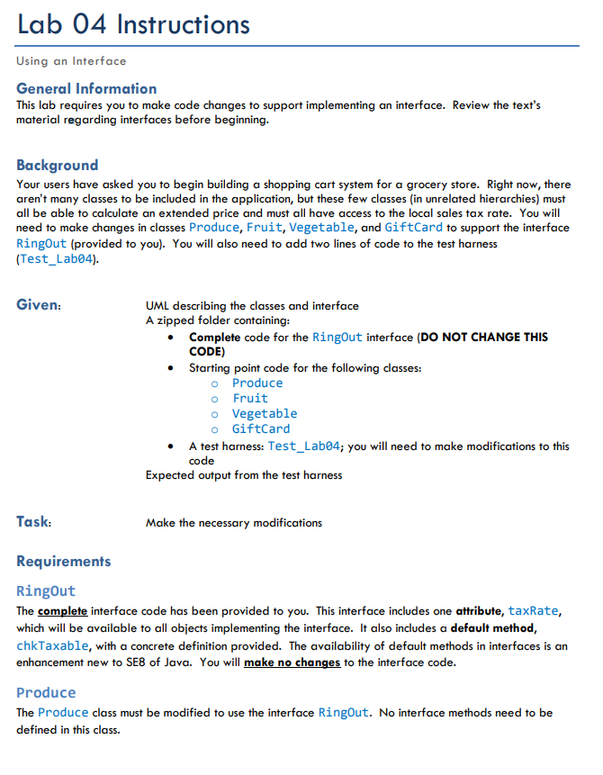 Solved Lab 04 Instructions Using an Interface General | Chegg.com