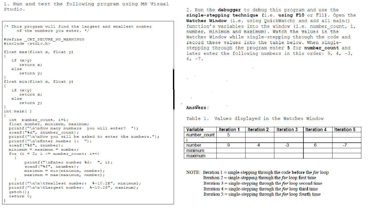 Solved 1. Run and test the following program using MS Visual | Chegg.com