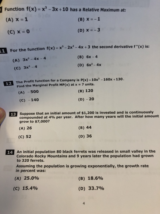 Solved Function f(x)-x3-3x+10 has a Relative Maximum at (A) | Chegg.com