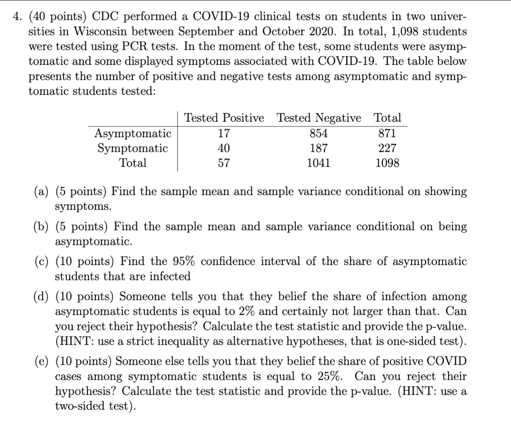 Solved 4. (40 points) CDC performed a COVID-19 clinical | Chegg.com