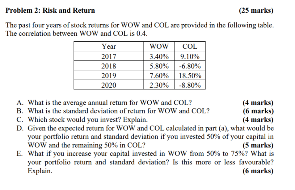Solved Problem 2: Risk and Return (25 marks) The past four | Chegg.com