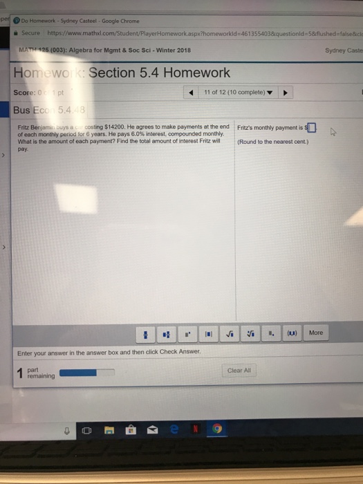 Solved per Do Homework - Sydney Casteel -Google Chrome | Chegg.com