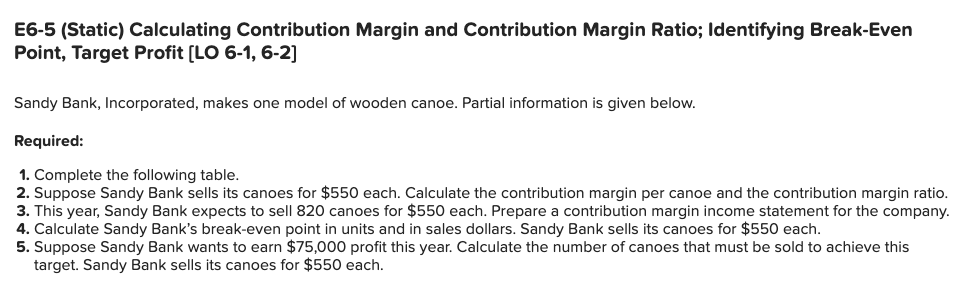 Solved E6-5 (Static) Calculating Contribution Margin and | Chegg.com