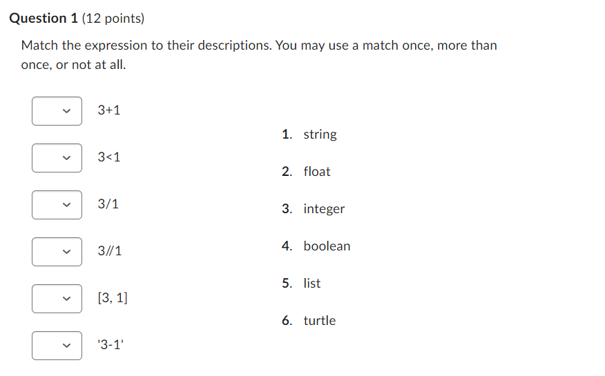 Solved Question 1 (12 points) Match the expression to their | Chegg.com
