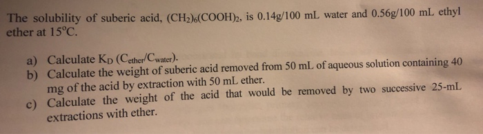 Solved The solubility of suberic acid, (CHM(COOH), is | Chegg.com