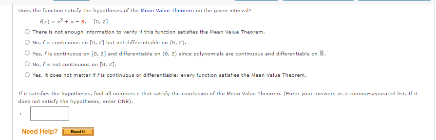 Solved Does the function satisfy the hypotheses of the Mean | Chegg.com