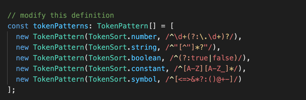 Solved Add an entry to the tokenPatterns definition for the | Chegg.com