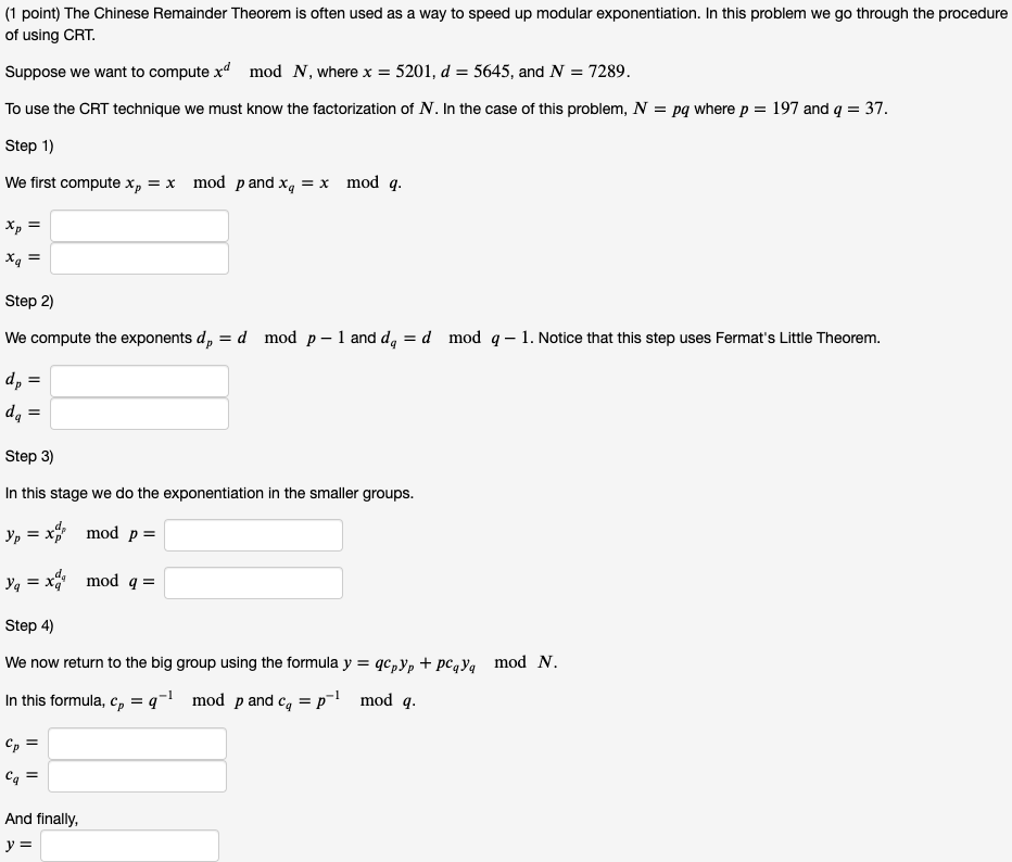 Solved ( 1 point) The Chinese Remainder Theorem is often | Chegg.com