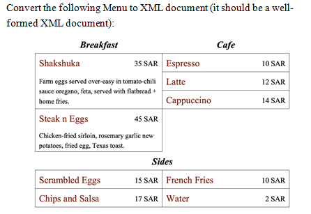 Solved Convert the following Menu to XML document (it should | Chegg.com