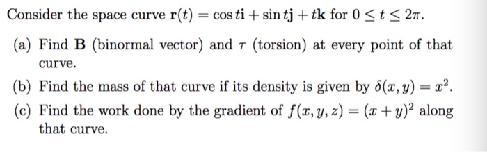 Solved Consider the space curve r(t)-cos ti + sin tj + tk | Chegg.com