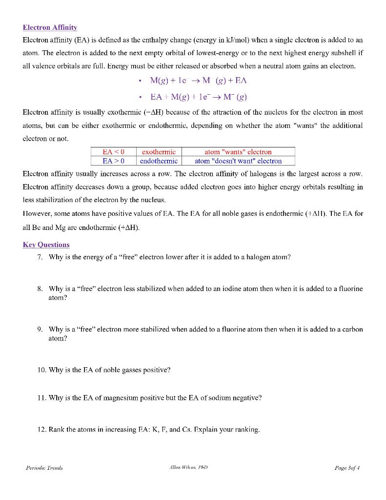 Solved Electron Affinity Electron affinity (EA) is defined | Chegg.com