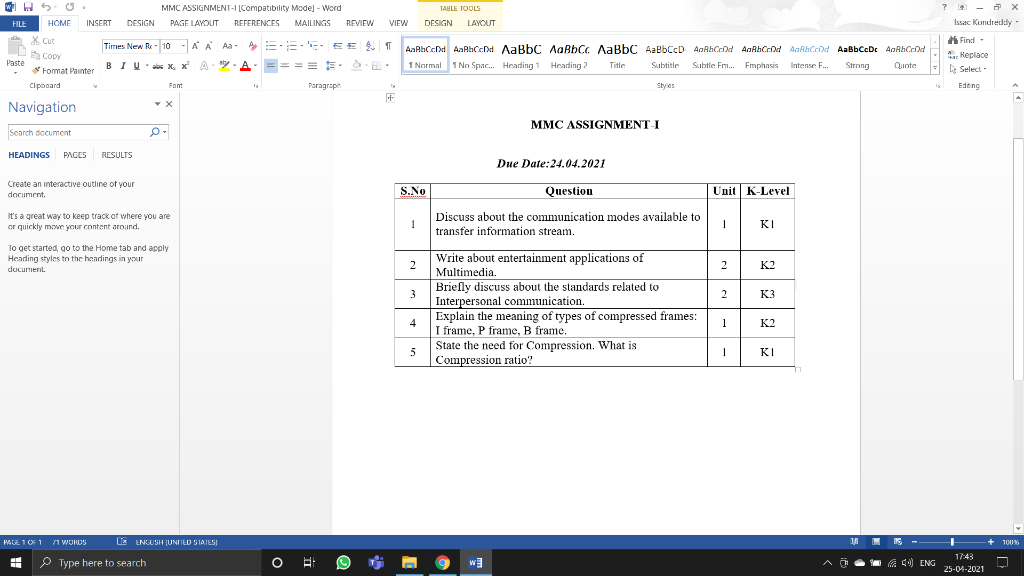 Solved TAILE TOOLS WHO. FILE HOME INSERT MMC ASSIGNMENT-1 | Chegg.com