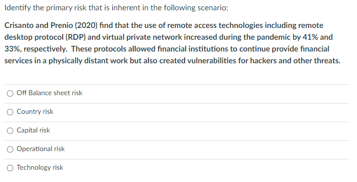 Solved Identify the primary risk that is inherent in the | Chegg.com