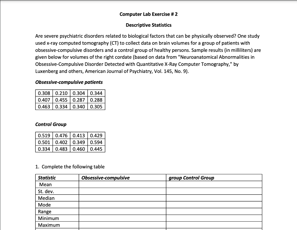 Computer Lab Exercise # 2 Descriptive Statistics Are | Chegg.com