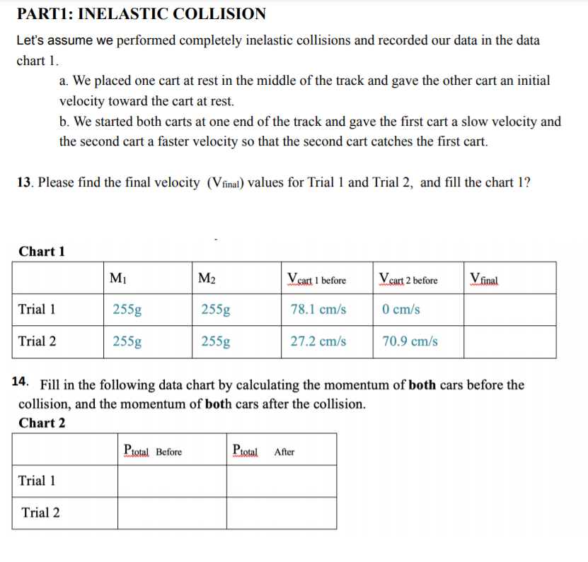 Solved PART1: INELASTIC COLLISION Let's assume we performed | Chegg.com