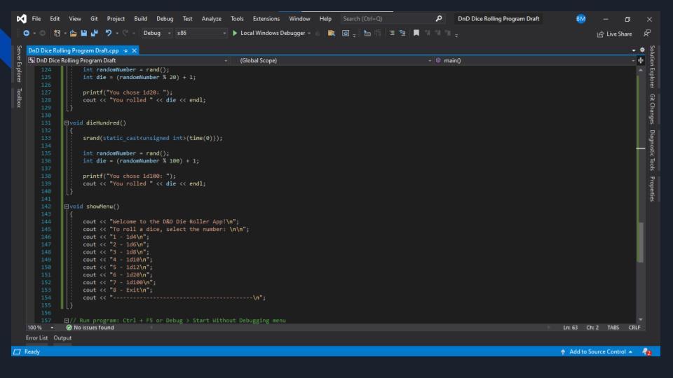 Solved Screenshots of code Ono Dice Rolling Program Delt EM | Chegg.com