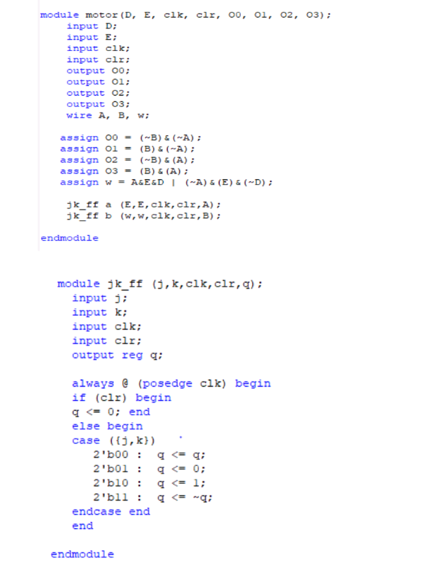 Solved module motor (D, E, clk, clr, oo, 01, 02, 03); input | Chegg.com