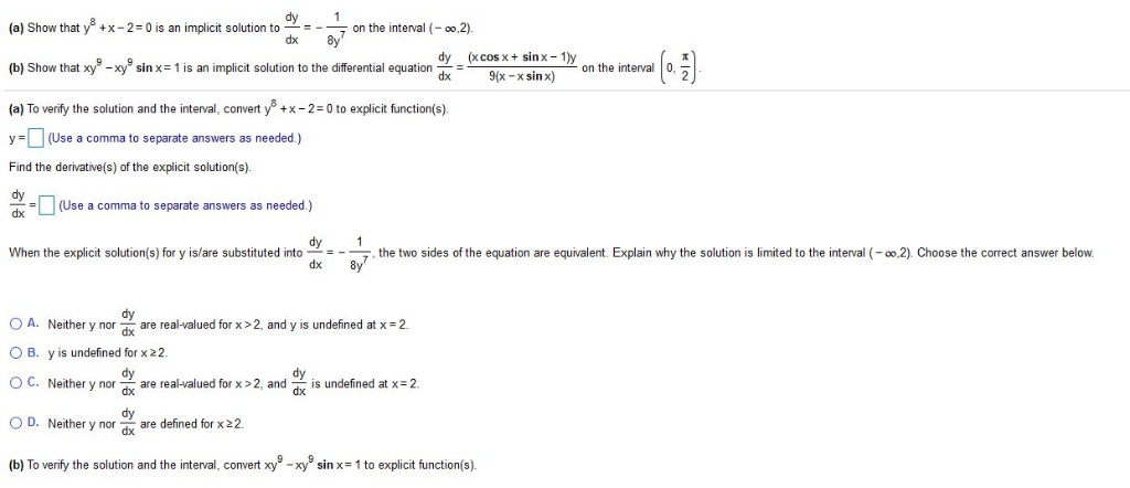 Solved (a) Show that y8 +x-2-0 is an implicit solution toon | Chegg.com