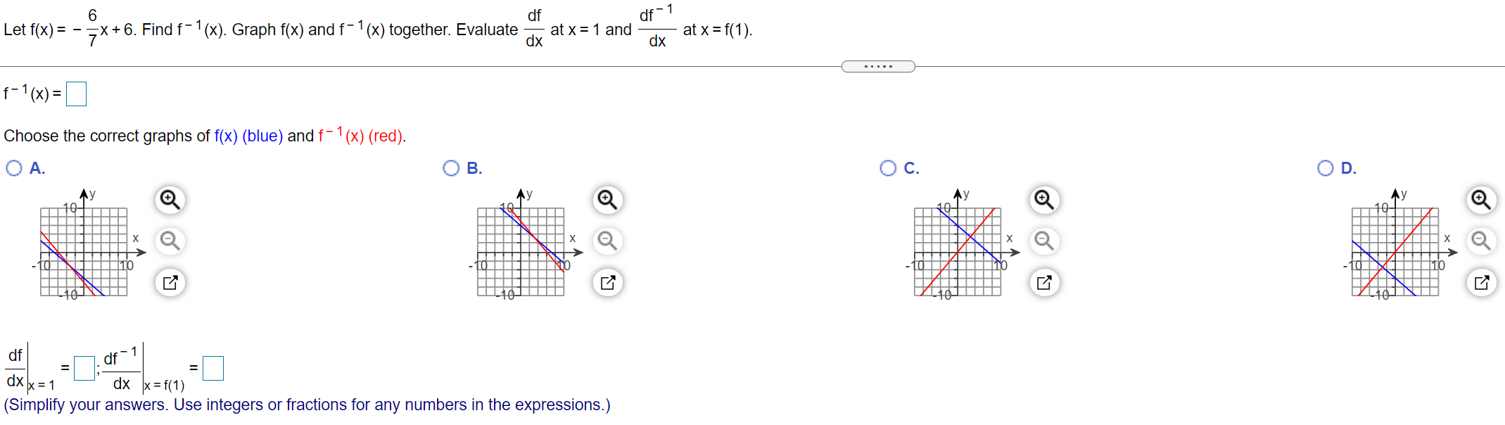 Solved 6 df-1 Let f(x) = -7X+6. Find f-1(x). Graph f(x) and | Chegg.com Solved 6 df-1 Let f(x) = -7X+6. Find f-1(x). Graph f(x) and | Chegg.com