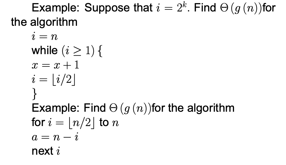 Solved Example: Suppose that i = 2k. Find O (g(n))for the | Chegg.com