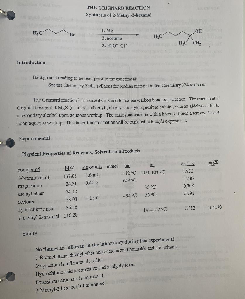 Solved REPORT FORM: SYNTHESIS OF 2-METHYL-2-HEXANOL Balanced | Chegg.com