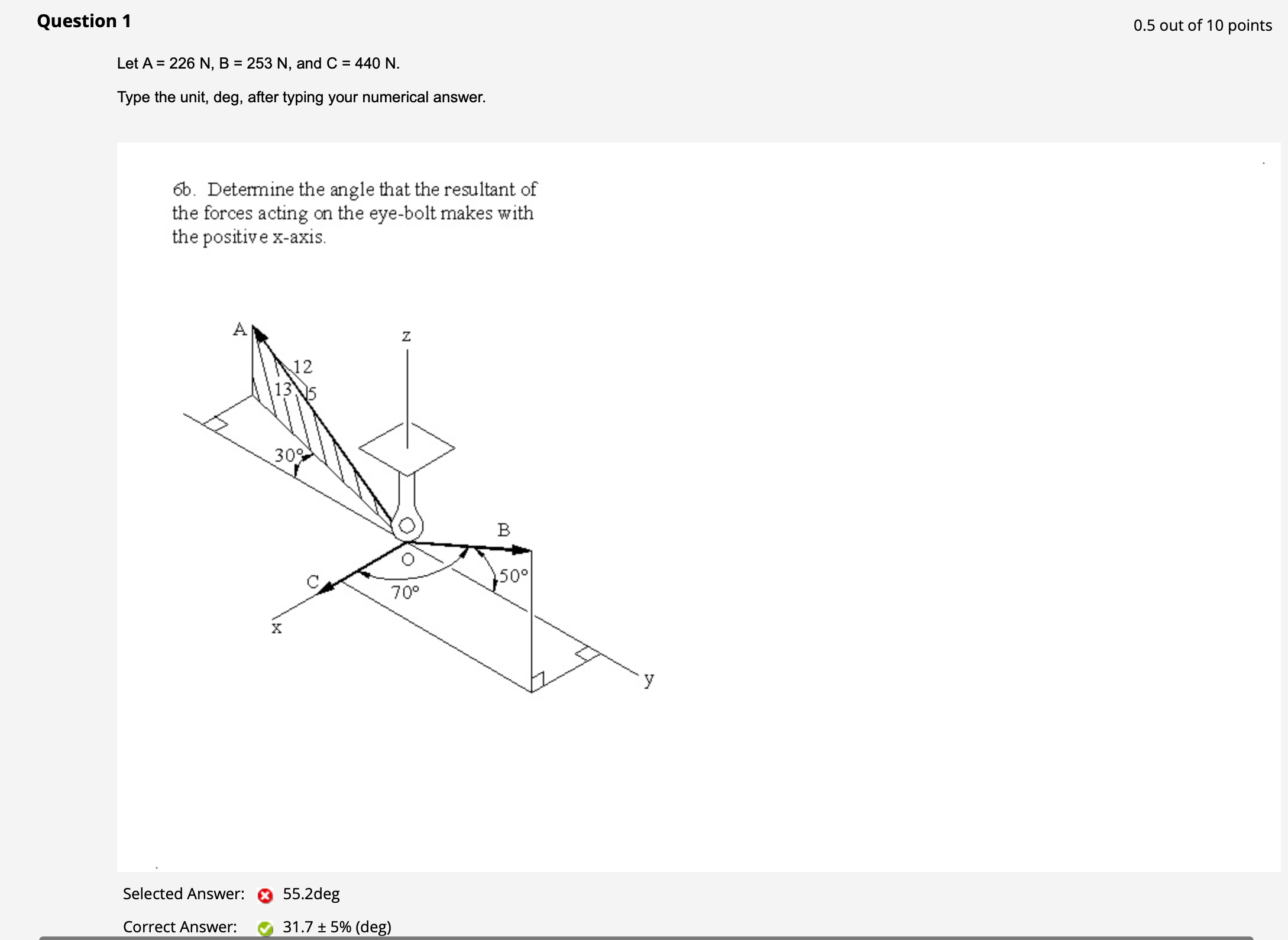 Solved 1 0.5 out of 10 points Let A=226 N, B=253 N, and | Chegg.com Solved 1 0.5 out of 10 points Let A=226 N, B=253 N, and | Chegg.com