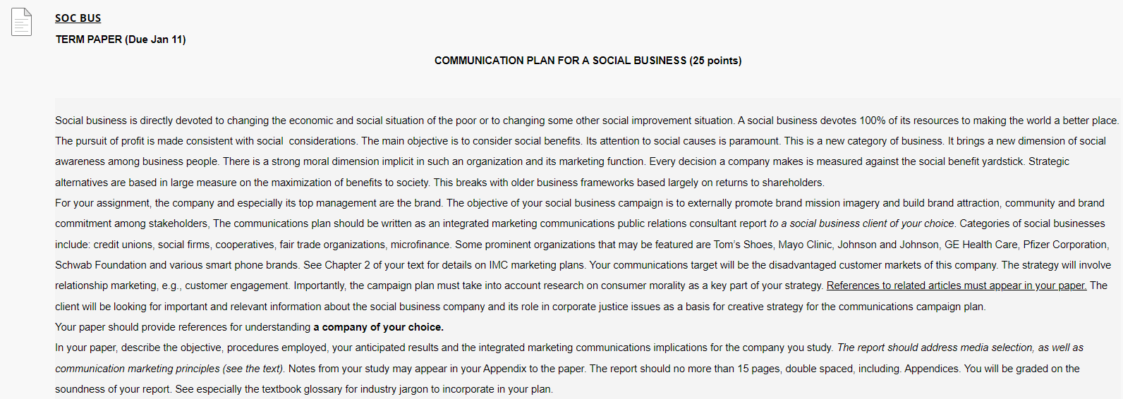 Solved SOC BUS TERM PAPER (Due Jan 11) COMMUNICATION PLAN | Chegg.com