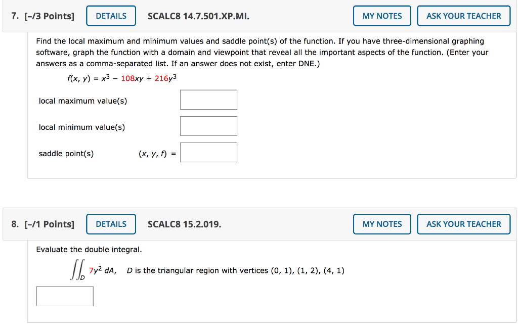 Solved 7. [-/3 Points] DETAILS SCALC8 14.7.501.XP.MI. MY | Chegg.com