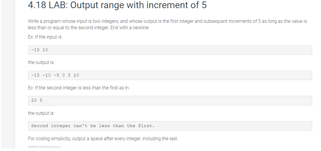 Solved 4.18 LAB: Output range with increment of 5 Write a | Chegg.com